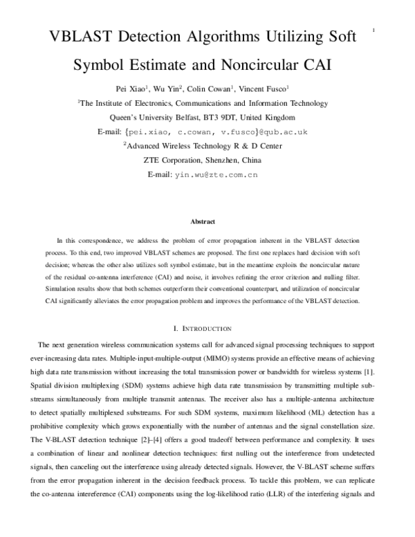 (PDF) VBLAST Detection Algorithms Utilizing Soft Symbol Estimate and Noncircular CAI | Pei Xiao ...
