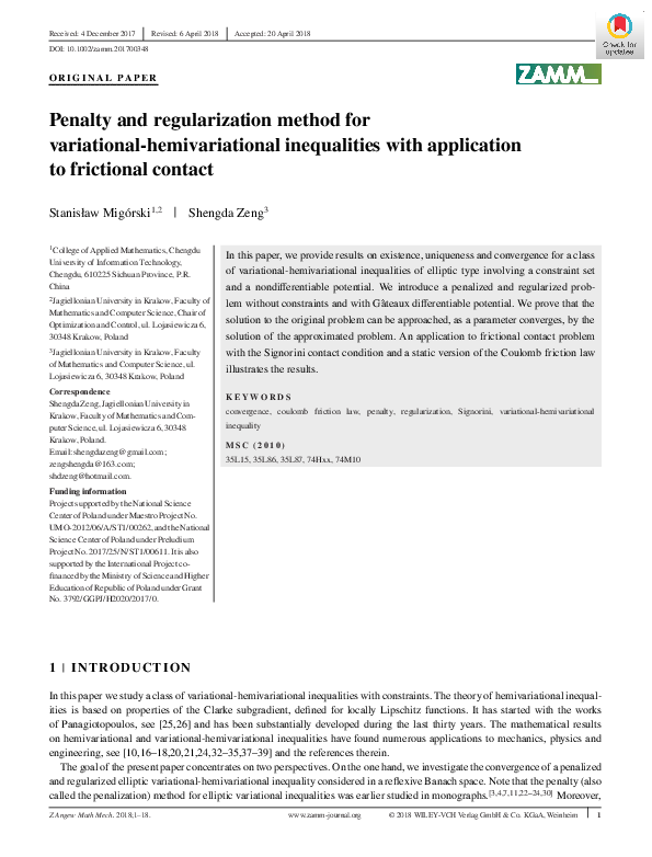 (PDF) Penalty and regularization method for variational-hemivariational inequalities with ...