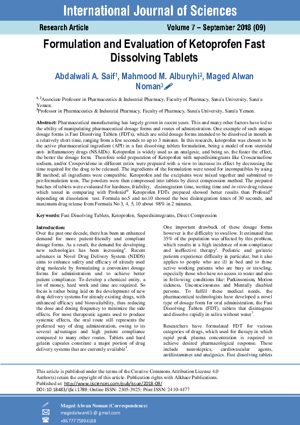 Pdf Formulation And Evaluation Of Ketoprofen Fast Dissolving Tablets