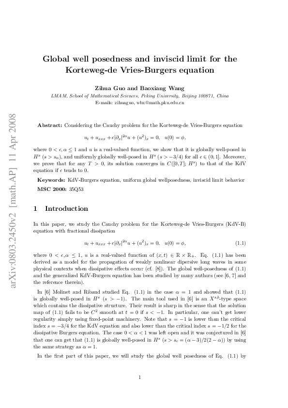 (PDF) Global well-posedness and inviscid limit for the Korteweg–de Vries–Burgers equation