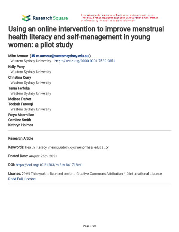 Pdf Using An Online Intervention To Improve Menstrual Health Literacy And Self Management In