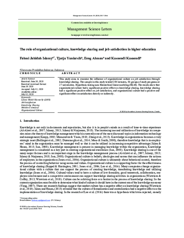 (PDF) The role of organizational culture, knowledge sharing and job satisfaction in higher education