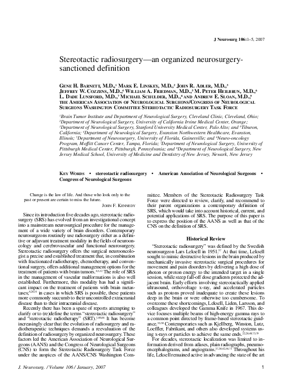 (PDF) Stereotactic radiosurgery—an organized neurosurgery-sanctioned definition