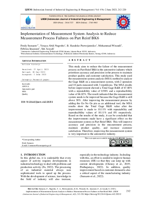 (PDF) Implementation of Measurement System Analysis to Reduce Measurement Process Failures on ...