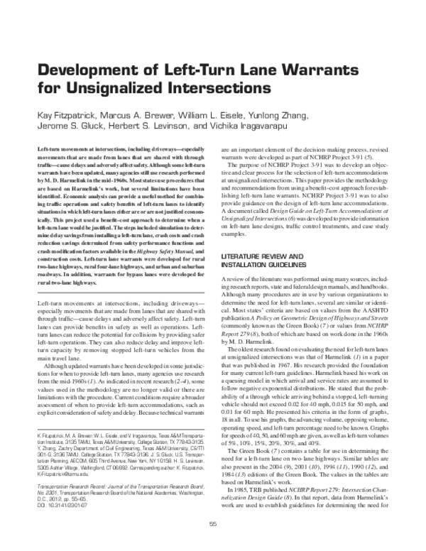 Pdf Development Of Left Turn Lane Warrants For Unsignalized Intersections