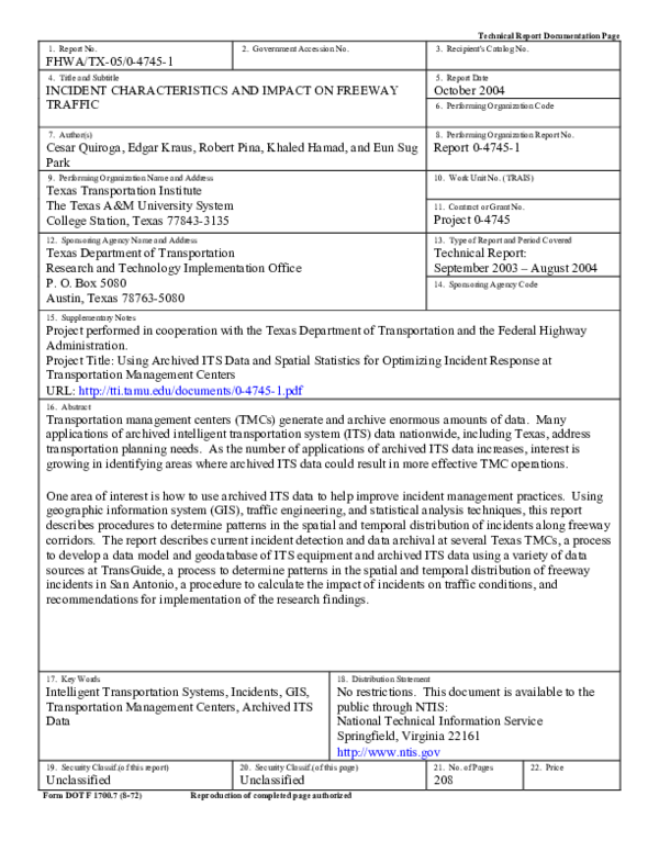 (PDF) Incident Characteristics and Impact on Freeway Traffic