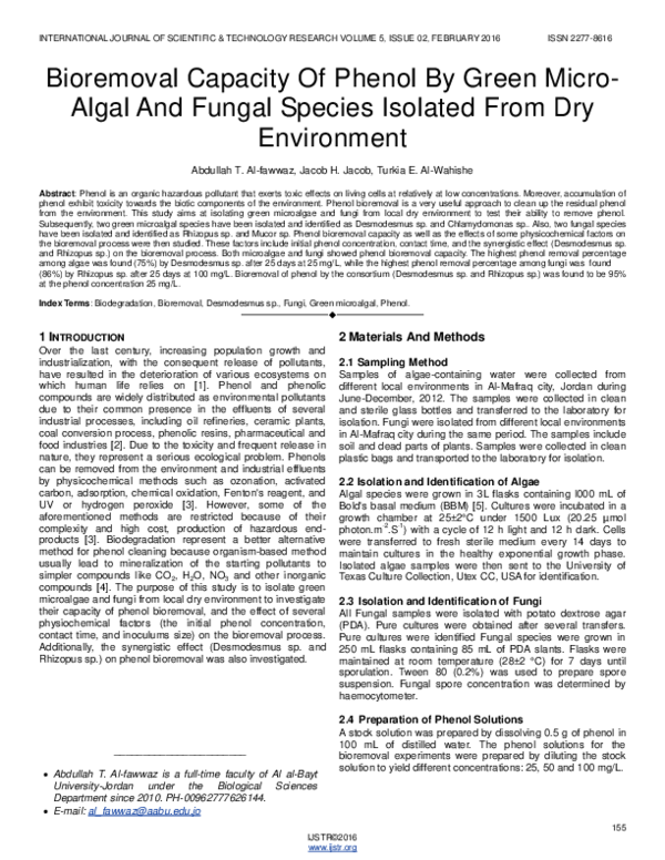 (PDF) Bioremoval Capacity Of Phenol By Green Micro-Algal And Fungal ...