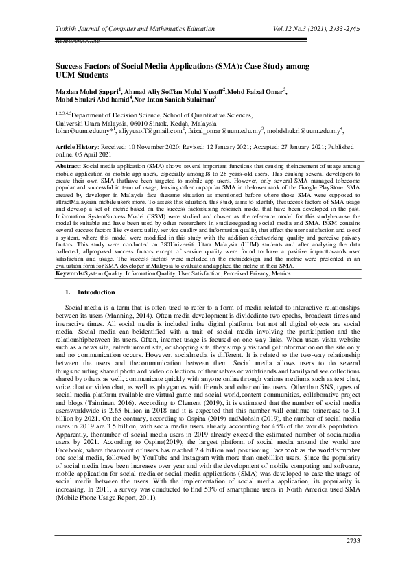 (PDF) Success Factors of Social Media Applications (SMA): Case Study among UUM Students