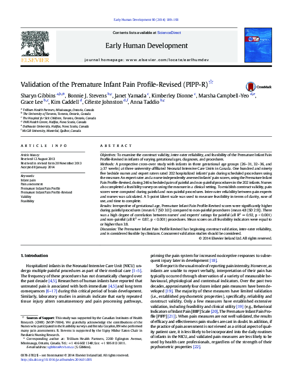 (PDF) Validation of the Premature Infant Pain Profile-Revised (PIPP-R)