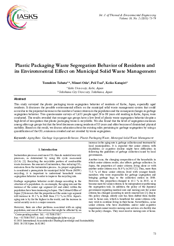 (PDF) Plastic Packaging Waste Segregation Behavior of Residents and its ...