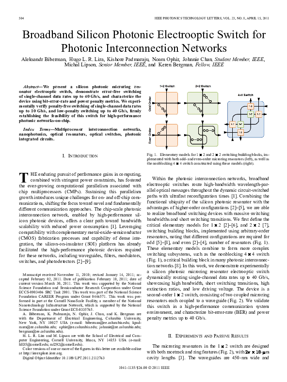 (PDF) Broadband Silicon Photonic Electrooptic Switch for Photonic Interconnection Networks