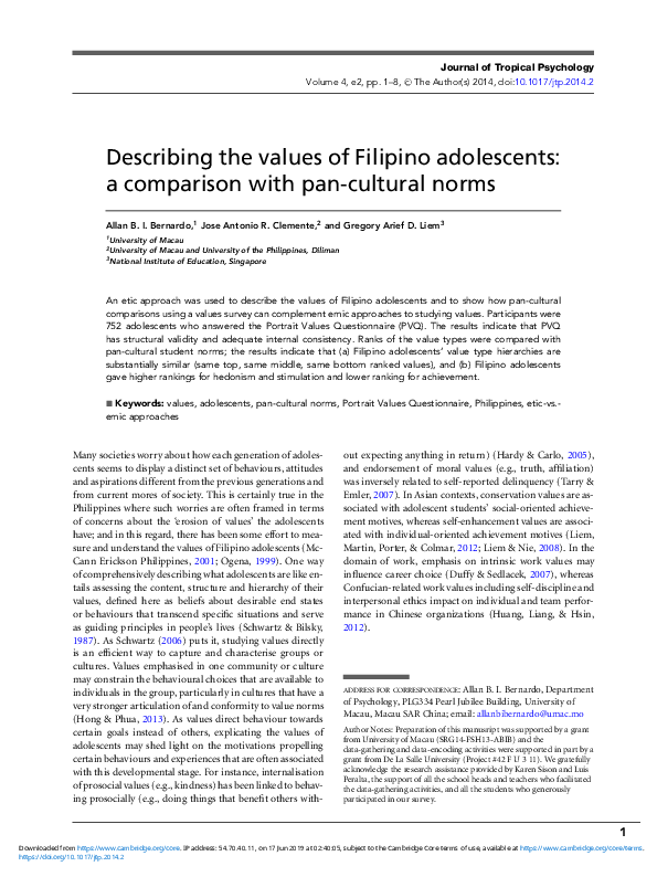 (PDF) Describing the values of Filipino adolescents: a comparison with ...