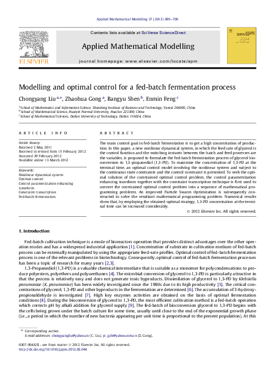 (PDF) Modelling and optimal control for a fed-batch fermentation process
