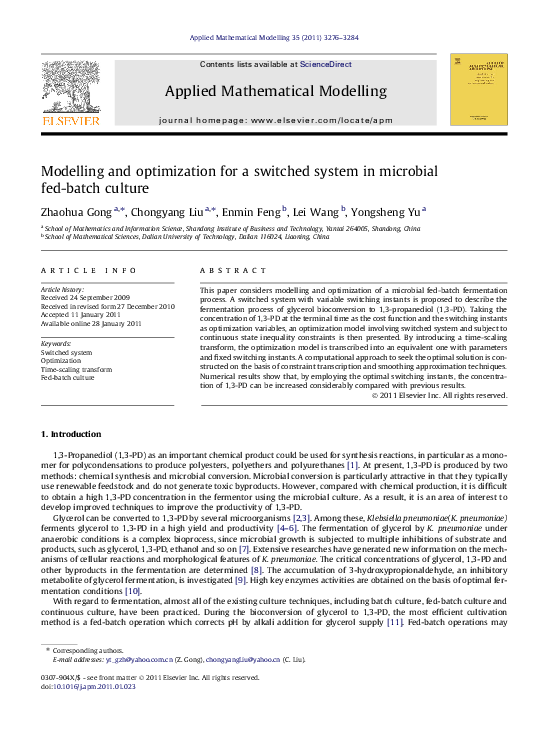 Pdf Modelling And Optimization For A Switched System In Microbial Fed Batch Culture