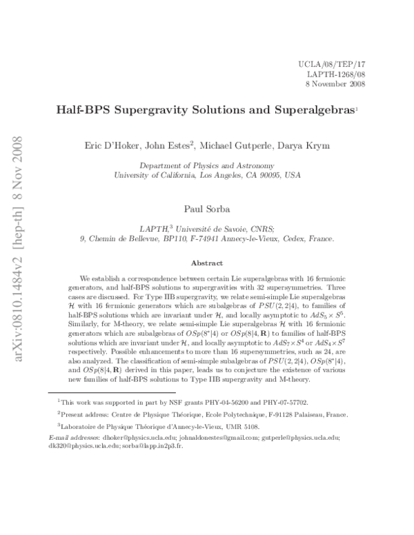 (PDF) Half-BPS supergravity solutions and superalgebras