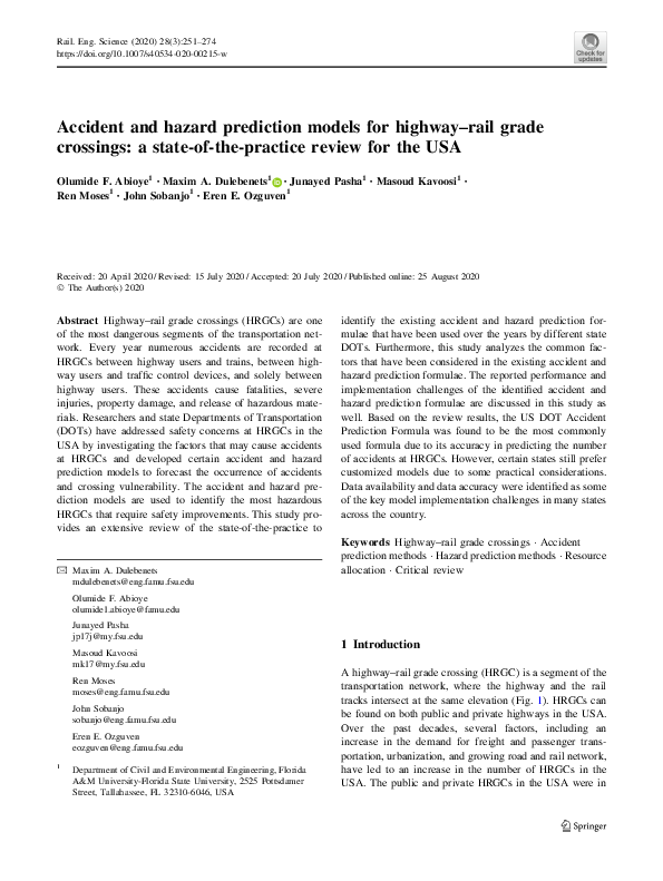 (PDF) Accident and hazard prediction models for highway–rail grade ...