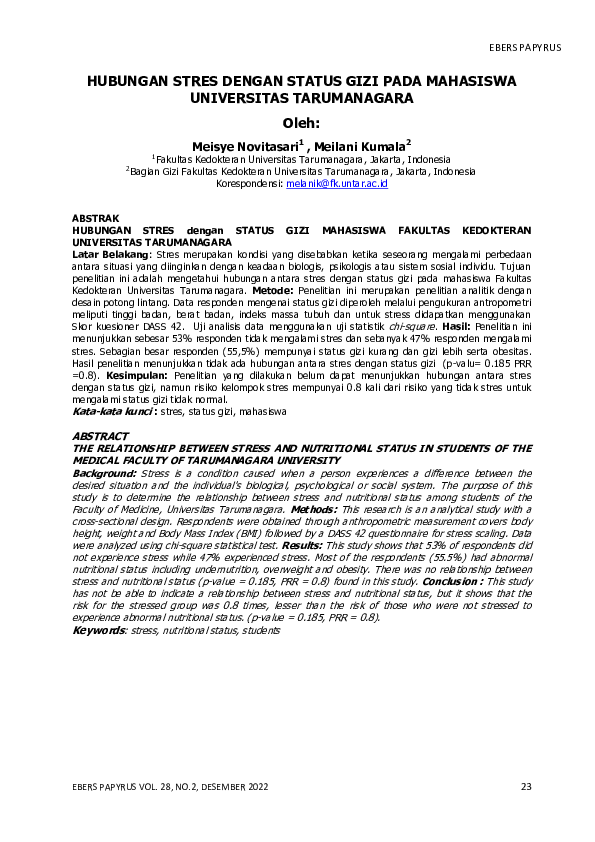 (PDF) Hubungan Stres Dengan Status Gizi Pada Mahasiswa Universitas Tarumanagara