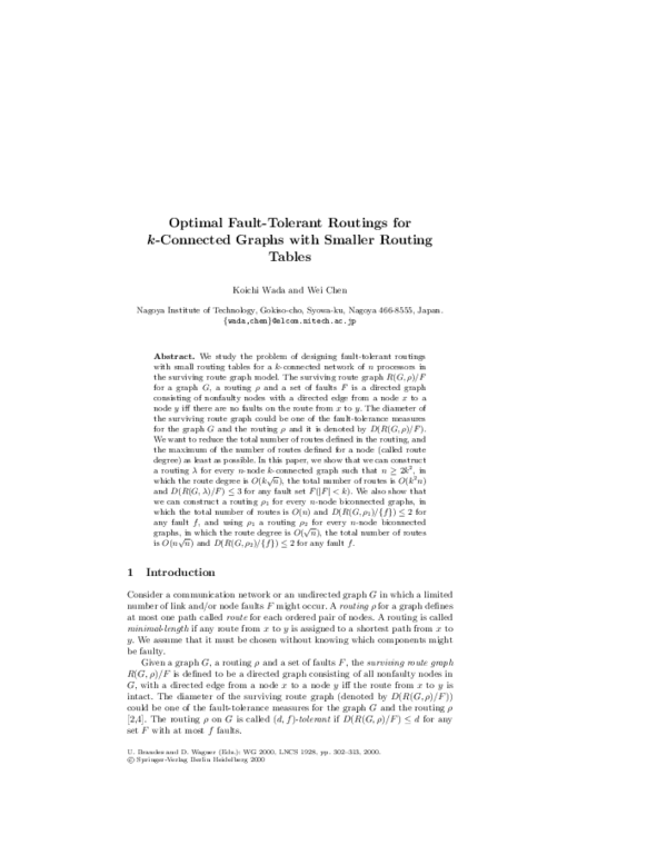 Pdf Optimal Fault Tolerant Routings For K Connected Graphs With Smaller Routing Tables