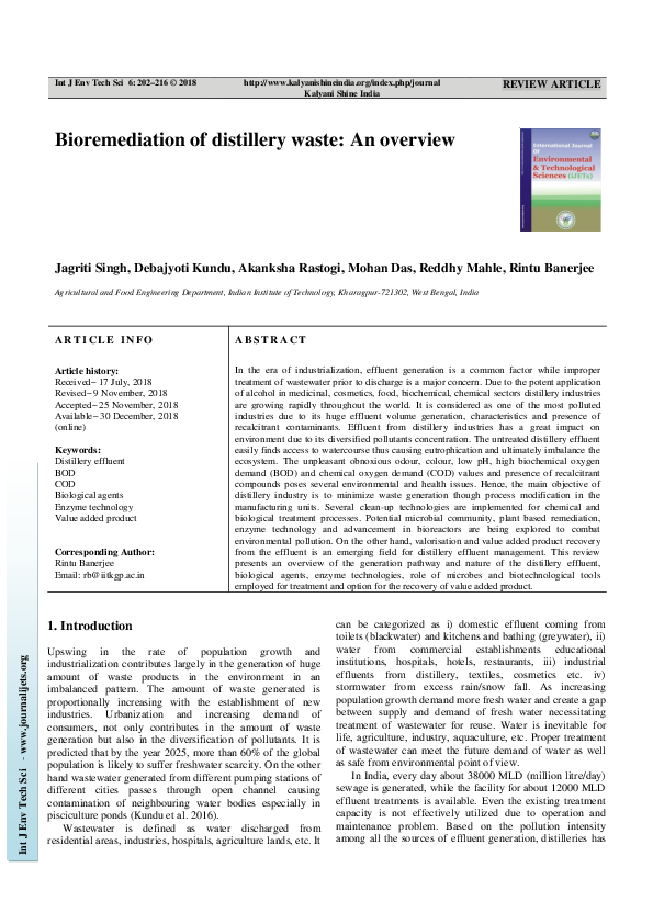 (PDF) Bioremediation of distillery waste: An overview