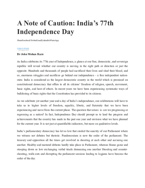 (DOC) A Note of Caution: India's 77th Independence Day