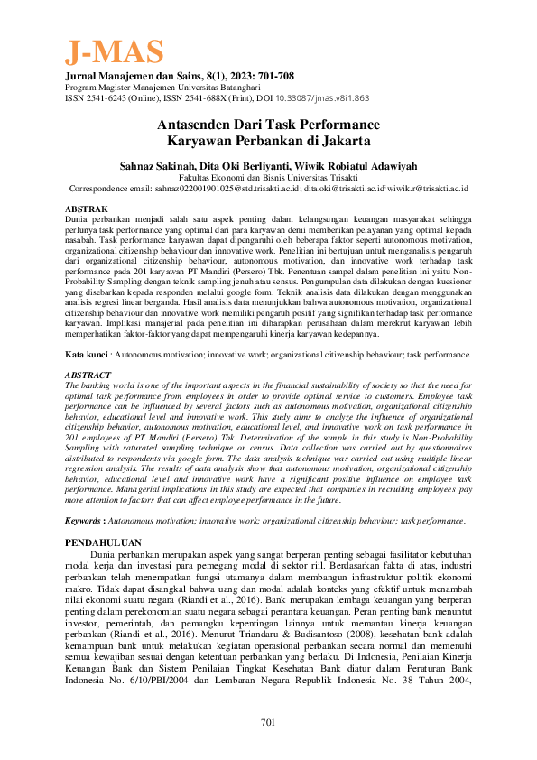 (PDF) Antasenden Dari Task Performance Karyawan Perbankan di Jakarta