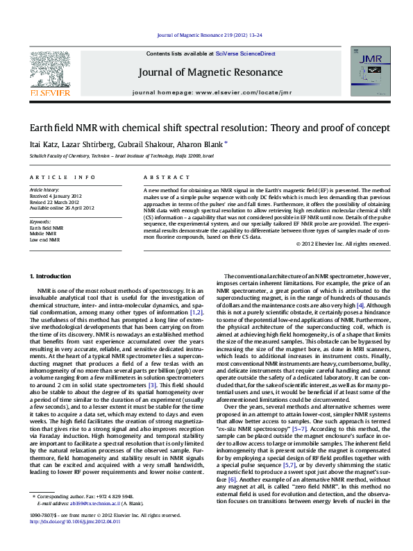 (PDF) Earth field NMR with chemical shift spectral resolution: Theory and proof of concept ...