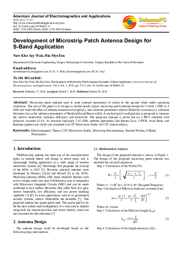(PDF) Development of Microstrip Patch Antenna Design for S-Band Application