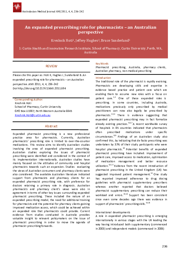 (PDF) An expanded prescribing role for pharmacists – an Australian ...
