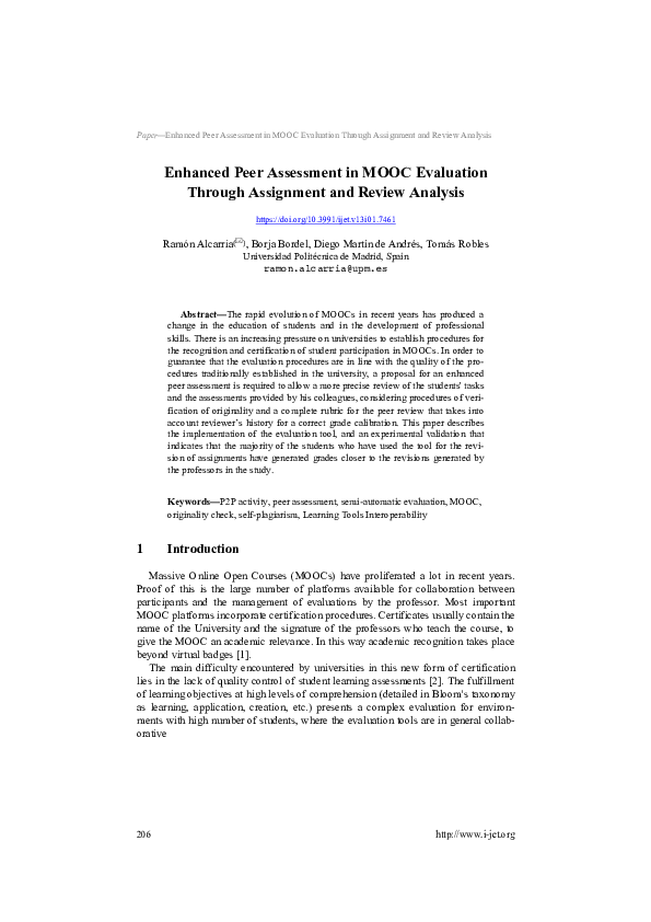 (PDF) Enhanced Peer Assessment in MOOC Evaluation Through Assignment and Review Analysis | Borja ...