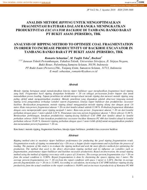 (PDF) Analisis Metode Ripping Untuk Mengoptimalkan Fragmentasi Batubara Dalam Rangka ...
