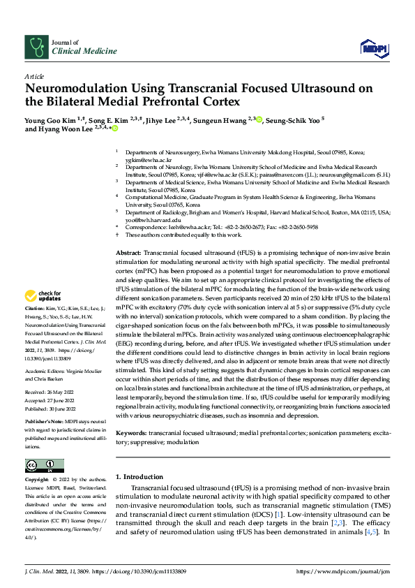 Pdf Neuromodulation Using Transcranial Focused Ultrasound On The Bilateral Medial Prefrontal