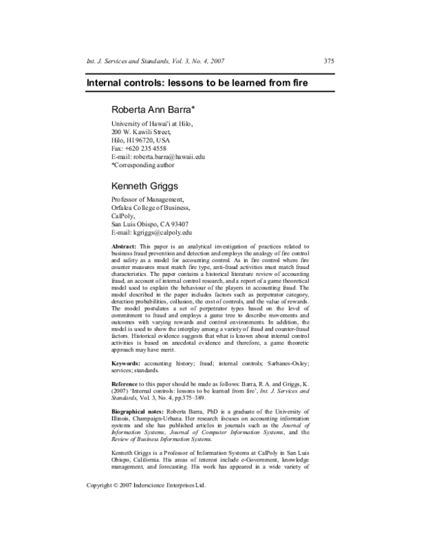 (PDF) Internal controls: lessons to be learned from fire