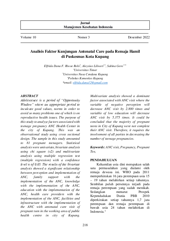 (PDF) Analisis Faktor yang Berhubungan dengan Kunjungan Antenatal Care (ANC) Remaja Hamil di ...
