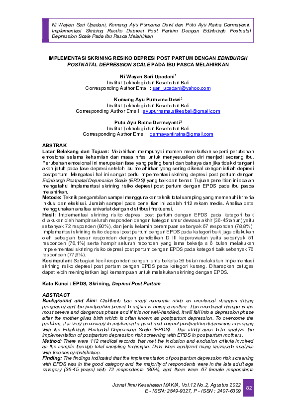 (PDF) Implementasi Skrining Risiko Depresi Post Partum Dengan Edinburgh ...