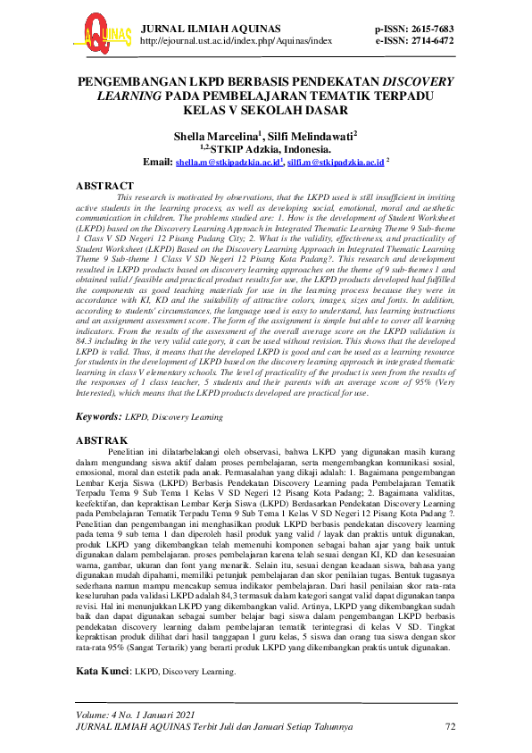 (PDF) Pengembangan LKPD Berbasis Pendekatan Discovery Learning Pada Pembelajaran Tematik Terpadu ...