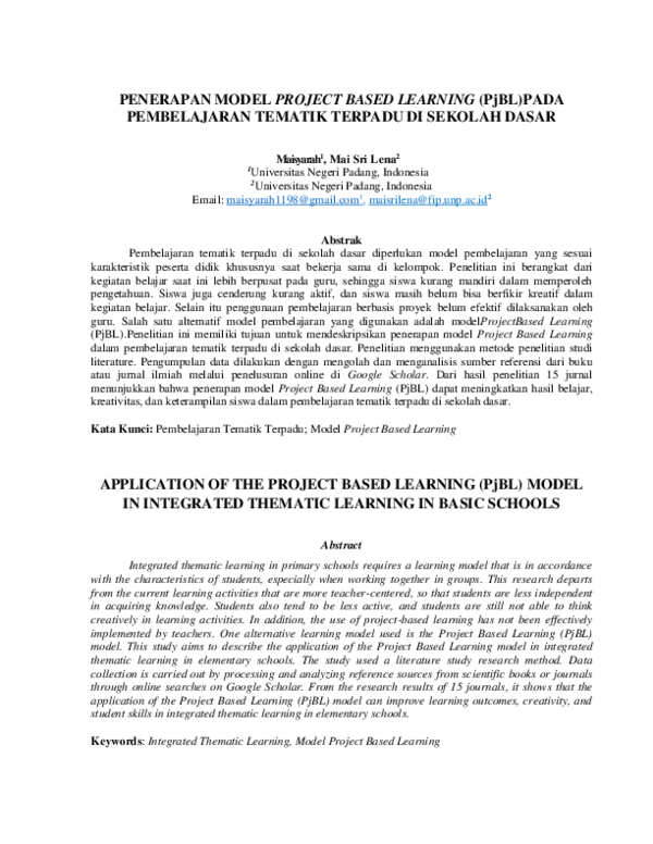 (PDF) Penerapan Model Project Based Learning (Pjbl) pada Pembelajaran Tematik Terpadu di Sekolah ...