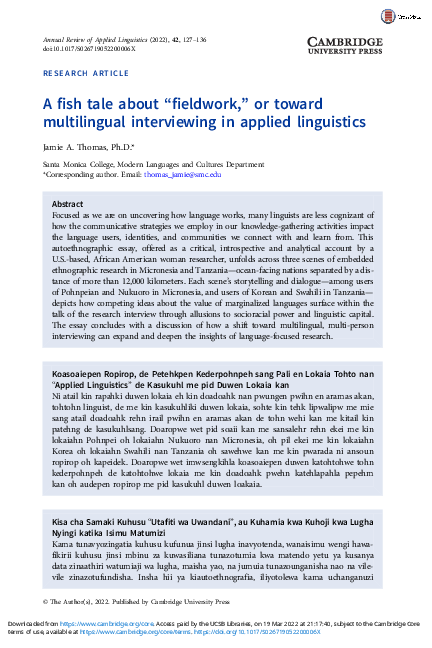 (PDF) A Fish Tale about "Fieldwork," or Toward Multilingual ...