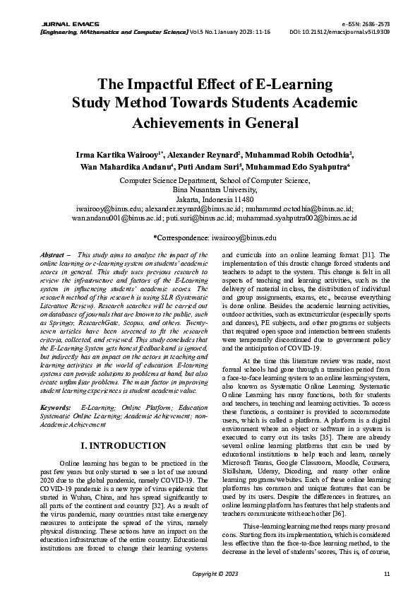 (PDF) The Impactful Effect of E-Learning Study Method Towards Students ...