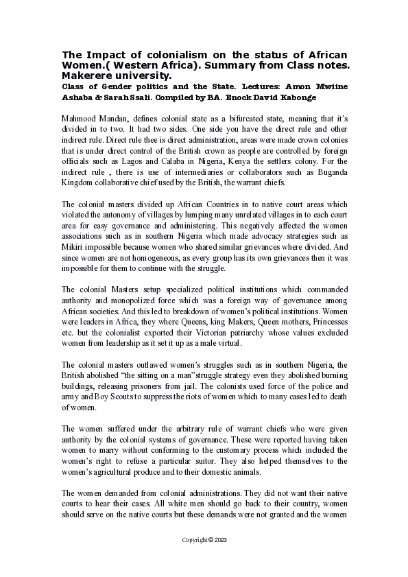 (PDF) The Impact of colonialism on the status of African Women ...