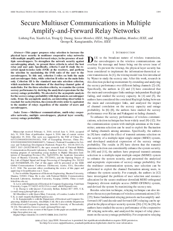 Pdf Secure Multiuser Communications In Multiple Amplify And Forward Relay Networks