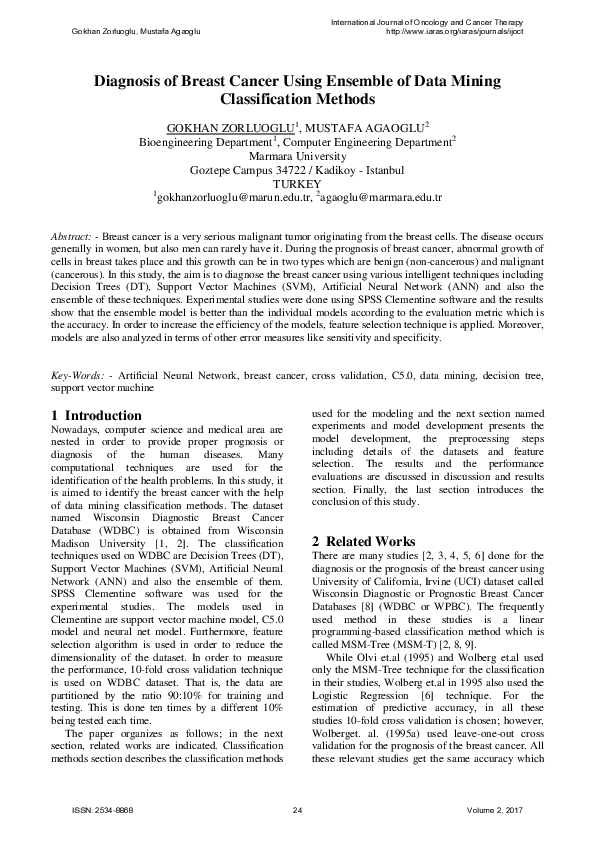 (PDF) Diagnosis of Breast Cancer Using Ensemble of Data Mining Classification Methods