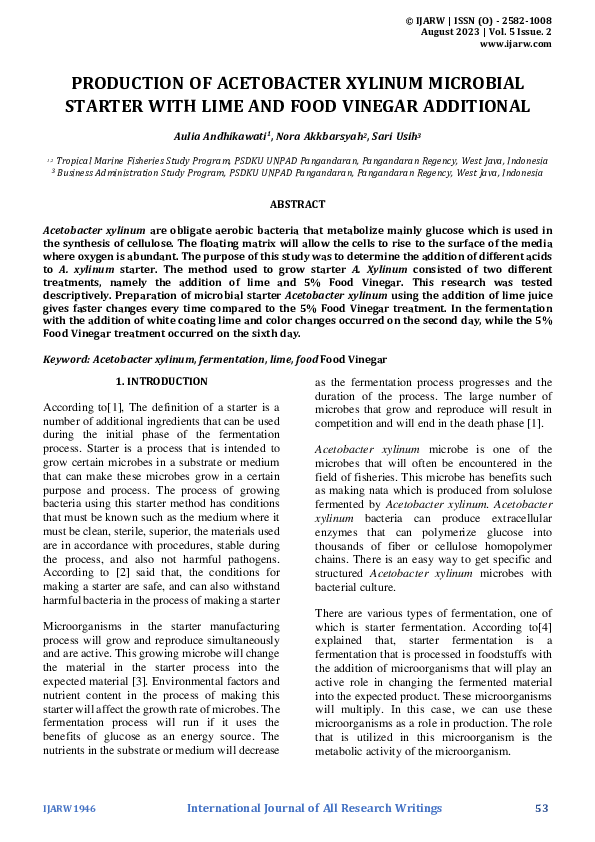 (PDF) PRODUCTION OF ACETOBACTER XYLINUM MICROBIAL STARTER WITH LIME AND ...