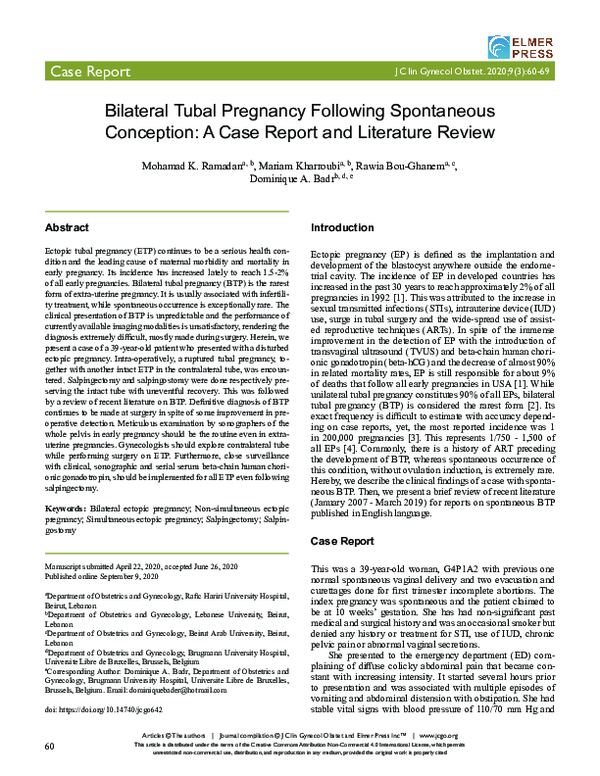 (PDF) Bilateral Tubal Pregnancy Following Spontaneous Conception: A ...