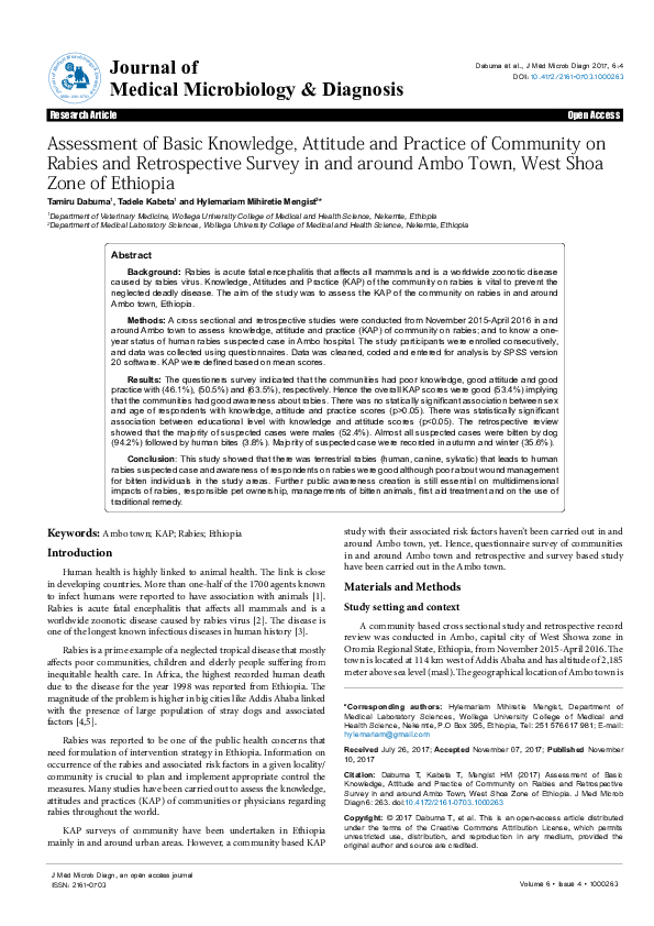 (PDF) Assessment of Basic Knowledge, Attitude and Practice of Community on Rabies and ...