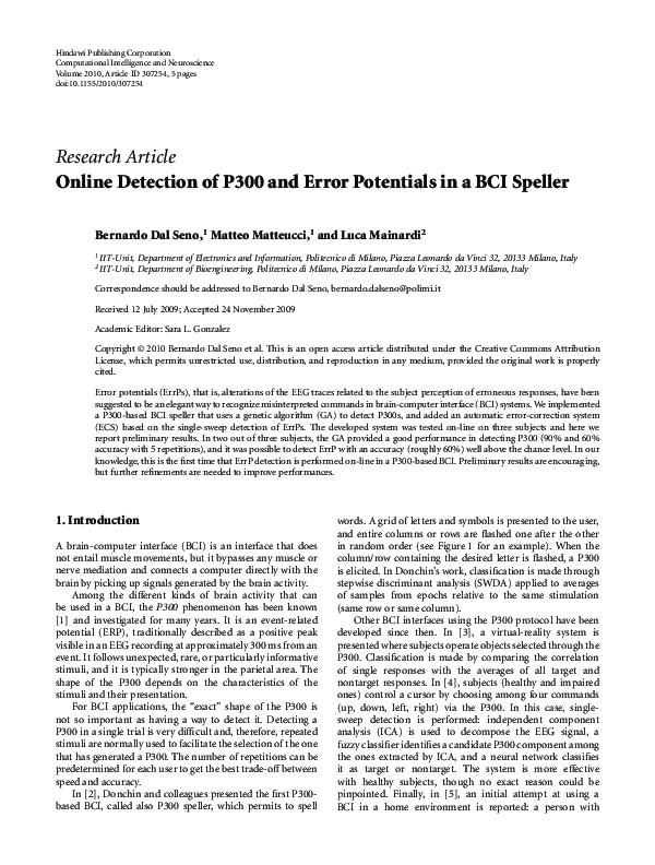 (PDF) Online Detection of P300 and Error Potentials in a BCI Speller