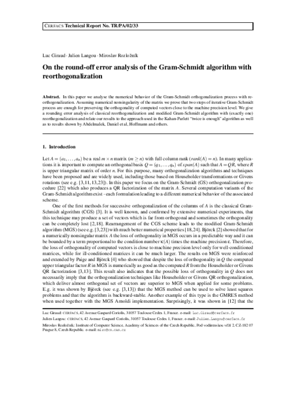(PDF) On the round-off error analysis of the Gram-Schmidt algorithm with reorthogonalization