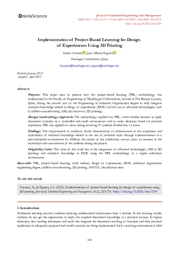 (PDF) Implementation of project-based learning for design of experiments using 3D printing