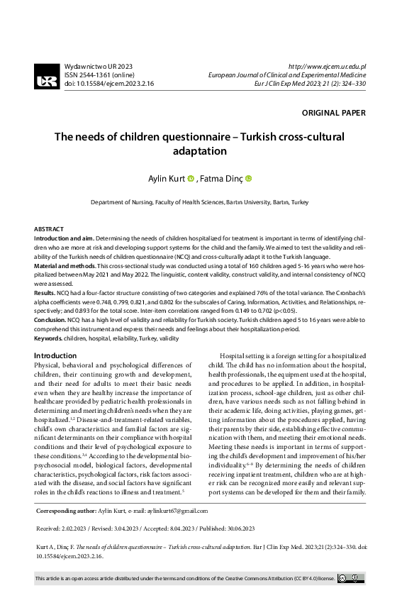 (PDF) The needs of children questionnaire – Turkish cross-cultural adaptation