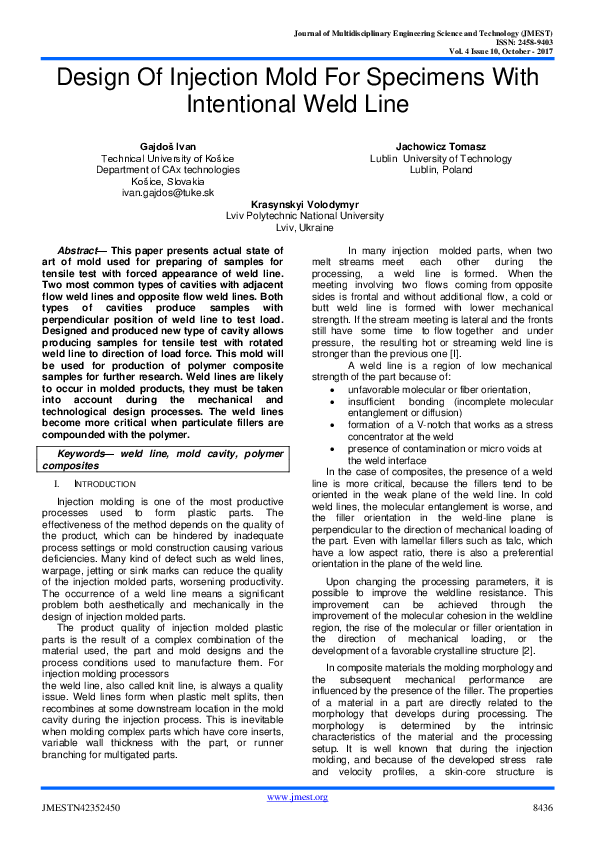 (PDF) Design Of Injection Mold For Specimens With Intentional Weld Line