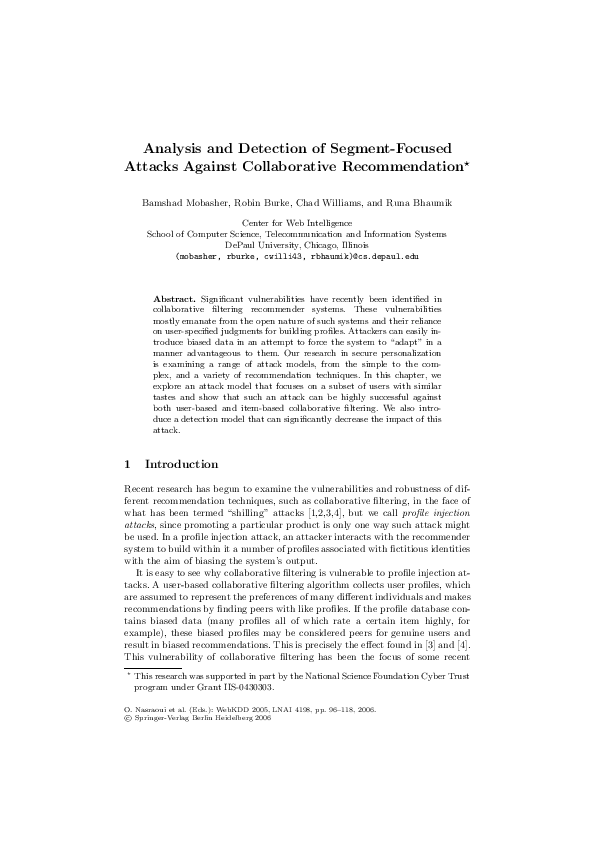 (PDF) Analysis and Detection of Segment-Focused Attacks Against Collaborative Recommendation